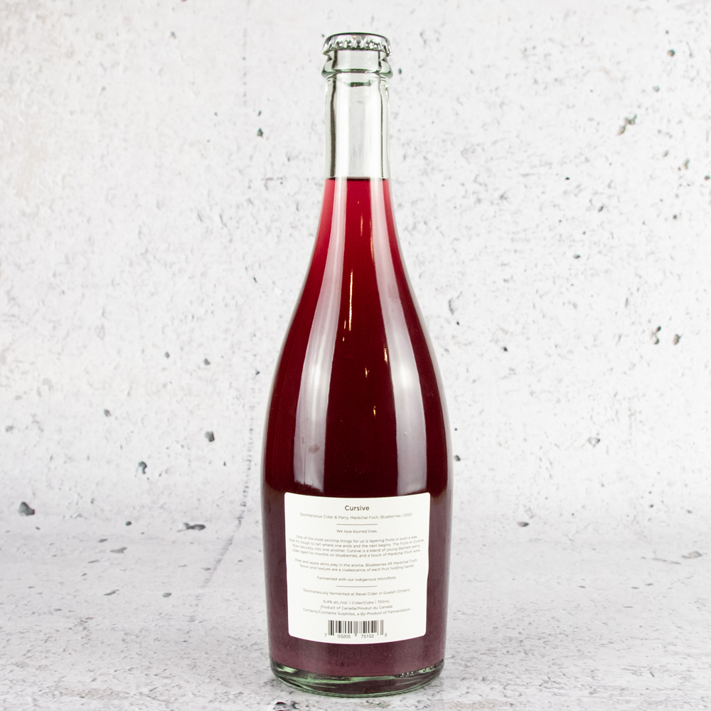Revel Cursive Pear Cider aged on Blueberries & Marechal Foch Grapes